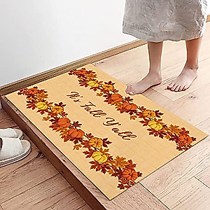 Indoor Doormat Welcome Mat, Thanksgiving It's Fall Y'all Pumpkin Maple Leaf Orange Low Profile Floor Mat Non Slip Front Doormat Rugs for Entryway,Patio,High Traffic Areas, 16"x24"