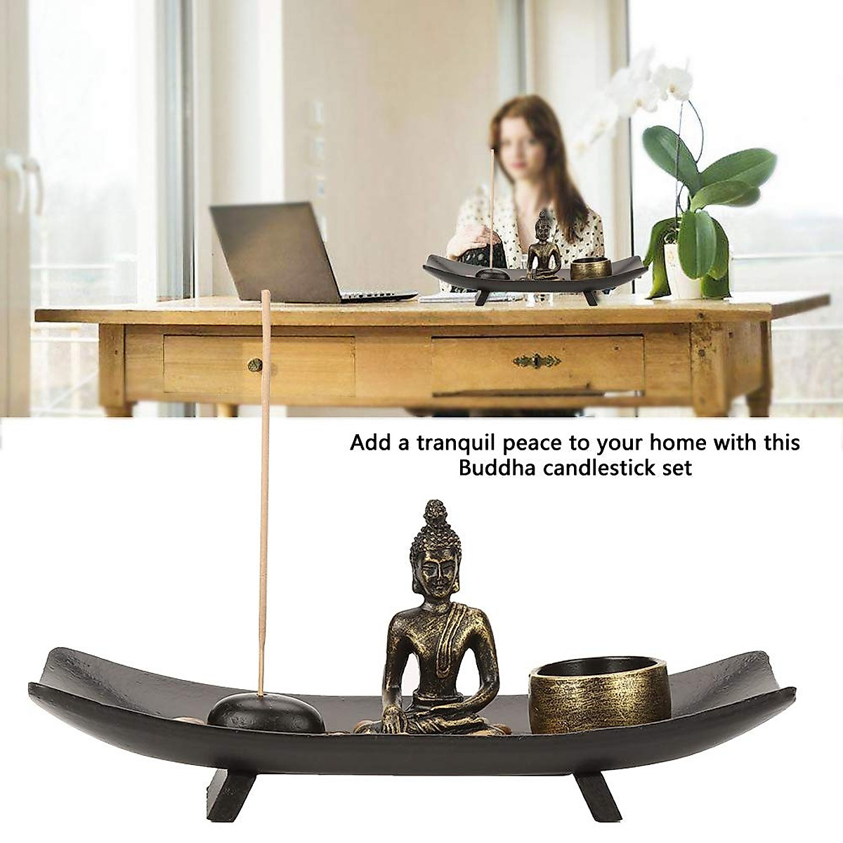 Buddha Statue Zen Garden Buddha Statue Tabletop Buddhism Feng Shui Ornament with Bronze Tealight Candle & Incense Burner Holder for Home Office Yoga Room Decoration