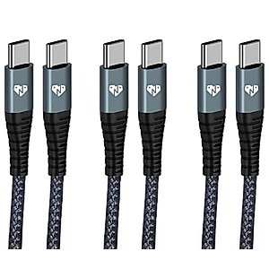 N-Products USB C to USB C Grey Braided Nylon Cable 60W Type C Fast Charging Cord [3-Pack, 6 ft]