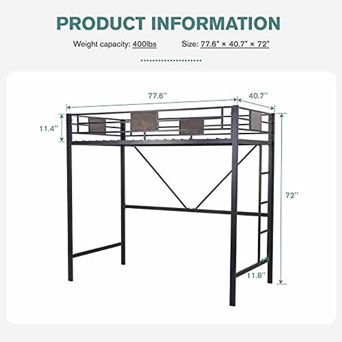 MUTICOR Twin Size Loft Bed Frame with Fully Enclosed Guardrail, Removable Ladders, Saving Space, No Springs, No Noise, No Shaking, Black