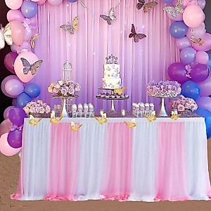 Albassa Table Skirts for Rectangle or Round Tables Pink Tulle TableCloth with 3D Butterfly for Princess Baby Shower Birthday Party Decorations（9ft*H 30in,Pink)