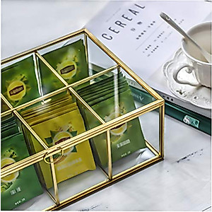 NCYP 12" Glass Tea Bags Box Organizer, Sugar Packets Storage Container, Decor 8 Grids Compartments Divided Handmade Brass Metal Frame Jewelry Counter Top Display Case Large, Glass Box Only