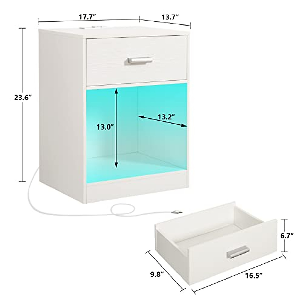 Quimoo Nightstand Set of 2, Night Stand with Charging Station and LED Light, Bedside Table with 1 Drawer, Modern Nightstand with 1 Open Storage Storage for Living Room,White