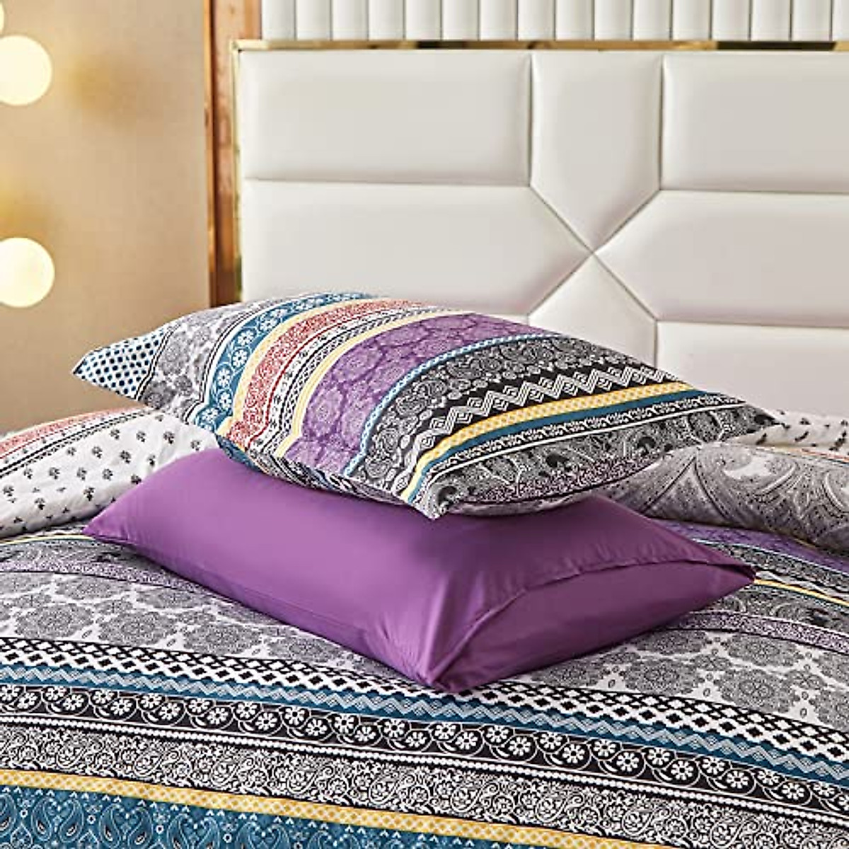 Boho Comforter Set Queen Size,8 Piece Bed in a Bag Bohemian Striped Bedding Quilt Set,Purple Paisley Floral Comforter and Sheet Set,Soft Microfiber Complete Bedding Sets for All Season