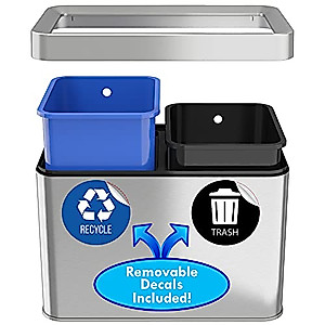 iTouchless 5.3 Gallon Open Top Trash Can & Recycle Bin Dual Compartment Combo, includes Decals, 20 Liter, Stainless Steel, Removable Buckets, For Kitchen, Office, Bedroom