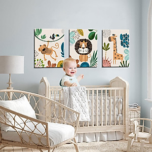 AKWISH 3Pcs Framed Safari Animals Canvas Wall Art Prints Picture Boy Girl's Kids RoomWall Decor for Classroom Shower Theme Decorations Nursery Baby Children's Room Bedroom Ready to Hang (12"x16"x3)