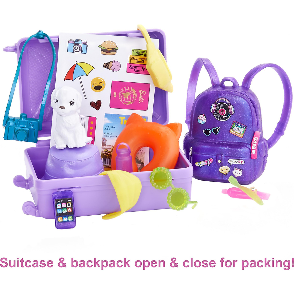 Barbie It Takes Two Doll & Accessories, Travel-themed Set with Puppy, Working Suitcase, Sticker Sheet & 10+ Pieces