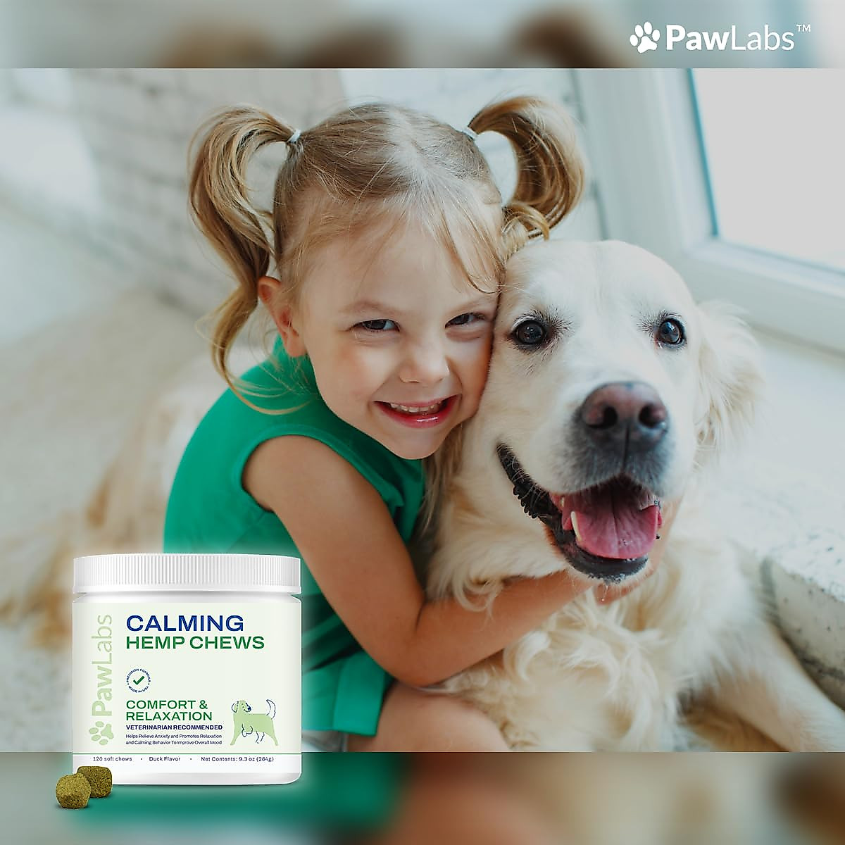 PAWLABS Calming Hemp Chews for Dogs - Relieve Anxiety & Stress - Organic Hemp, Chamomile, Protein Powder, Valerian Root - Natural Calming Aid - Vet Formulated, USA Made - Duck Flavor - 120 Count