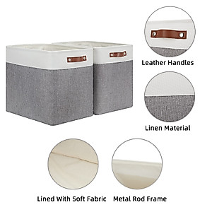 HNZIGE Large Storage Baskets Rectangular Storage Bins Baskets for Organizing [2 Pack] Tall Shelf Baskets with Handles, Decorative Organizer for Storage Home, Closet (White Grey)