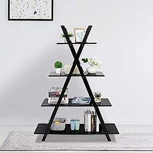 SUPER DEAL A Frame Bookshelf Storage Shelves, 4 Tier Ladder Bookcase Free Standing, Plant Book Display Furniture for Home Office, Black