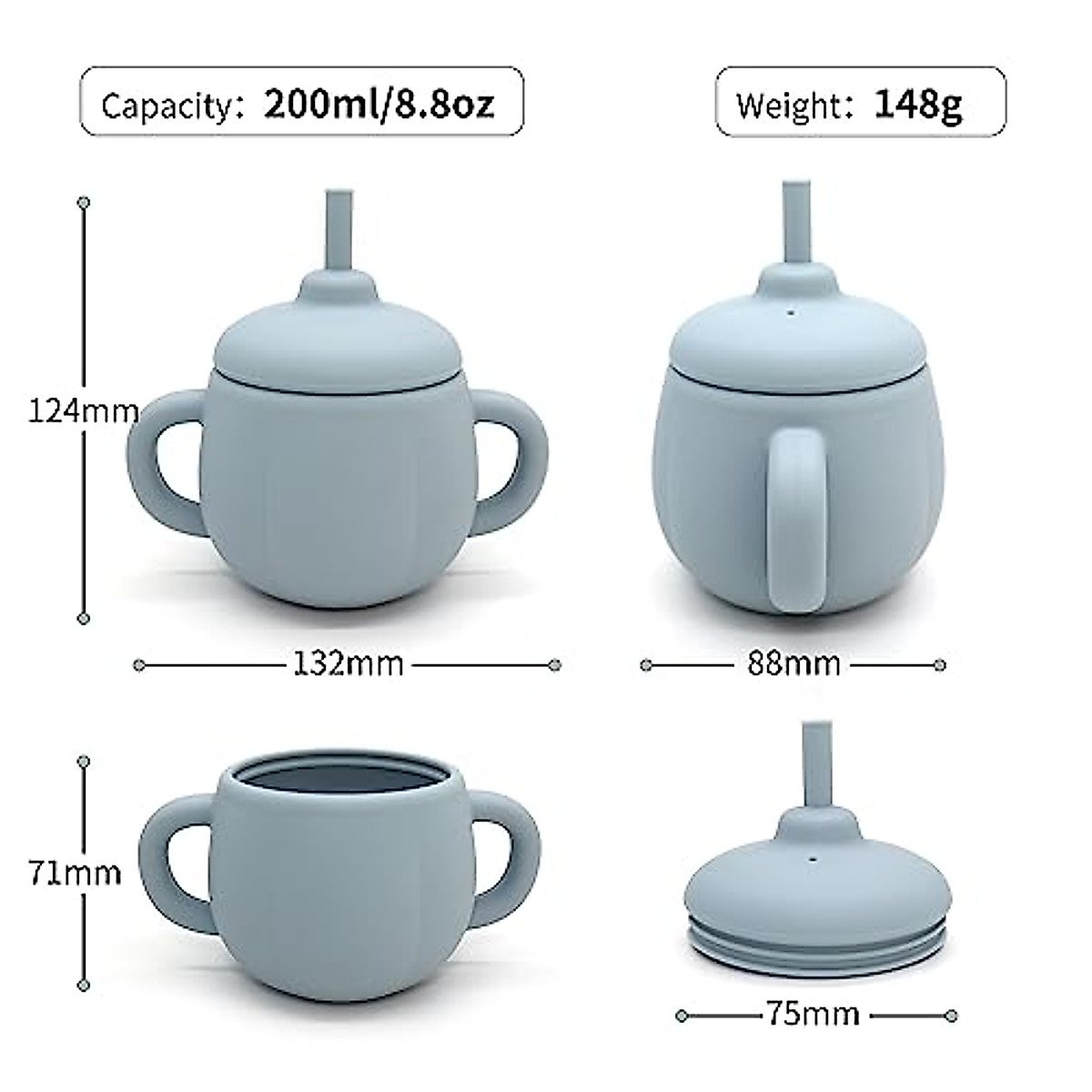 Santi & Me 2-1 Silicone Straw Cup for Baby, Spill-proof Sippy Cup for Babies 6-12-18 Month, Open Training Water Cups with Easy-Hold Handle, Baby Led Weaning Cups - BPA Free - 8.8oz (Dusty blue)