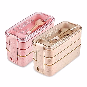 LETSKAB 2-Piece 3-in-1 Compartment Wheatgrass Bento Lunch Box Stackable lunch containers Leak Proof Eco-Friendly Adult Meal Prep Lunch box Container (Pink/Beige)
