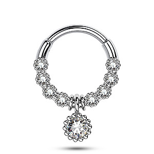 CM Crareesi Mania Dangle Septum Ring 8mm Clear Septum Jewelry 316L Stainless Steel Daith Piercing Jewelry 16G Septum Dangle Nose Rings for Women Cartilage Helix Earrings