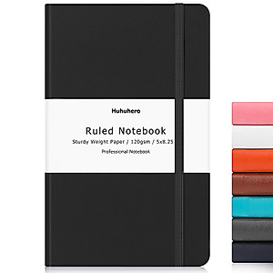 Huhuhero Notebook Journal, Lined Ruled Journal, Hardcover 120Gsm Premium Thick Paper with Faux Leather Notebook for Journaling Writing Note Taking Office School Supplies 5.25"×8.25"(1,Matte Black)
