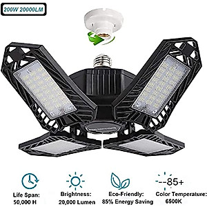 KAQ Led Garage Light 200W 20000LM Deformable, 6500K Garage Ceiling Lights with 4 Panels for E26 E27 Lampholder, Super Bright Garage Lighting Shop Work Lights, Metal Aluminum Alloy Shell Easy to Heat