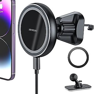 XWXELEC Magnetic Wireless Car Charger for Magsafe Mount iPhone16/15/14/13/12 /Pro/Max/Plus/Mini, Stick on Dashboard/Clip to Air Vent Phone Holder, 15W Fast Charging