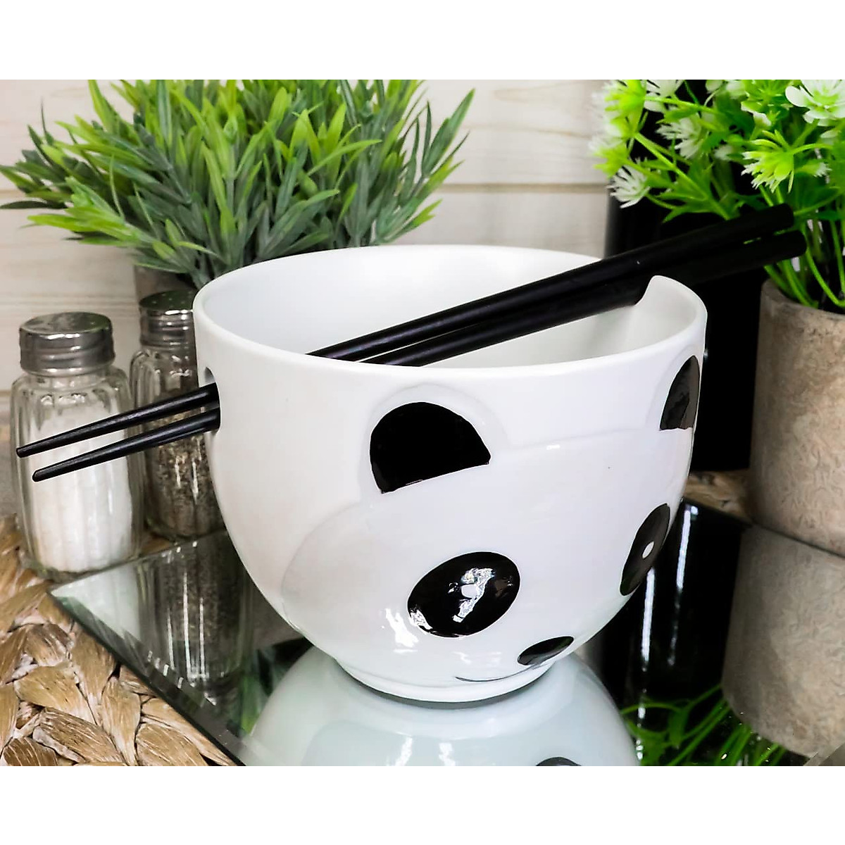 Ebros Gift Whimsical Ceramic Abstract White Giant Panda Pasta Ramen Udong Pho Noodles Soup Bowl and Chopsticks Set Dining Gourmet Meal Pandas Bears Collection Rice Bowls Decor Kitchen