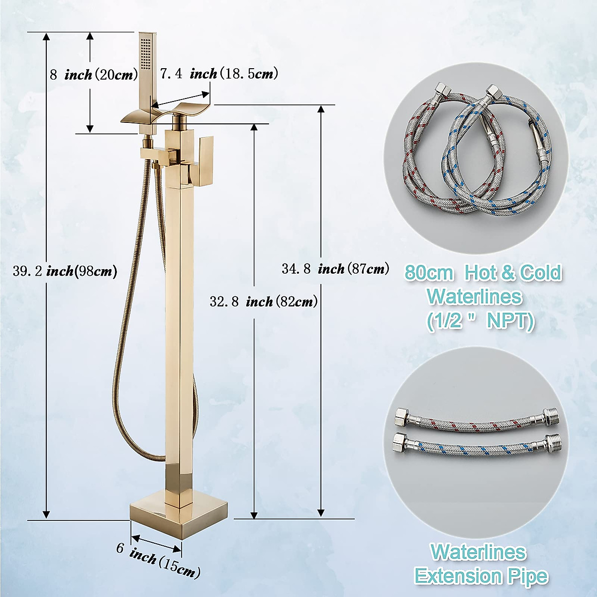 Gmusre Brushed Gold Floor Mounted Waterfall Tub Filler Freestanding Bathtub Faucet Brass Bathroom Single Handle with Shower Hand Spray and 360 Degree Swivel Spout