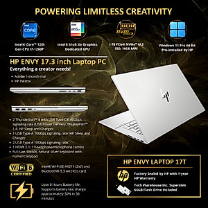 HP Envy 17T 2022 Laptop, i7-1260P 12th gen, 16GB RAM, 1 TB NVMe SSD, 17.3" FHD Touch, Thunderbolt 4, Win 11 PRO, WiFi 6E, B&O Audio, Intel Xe Graphics, Silver, 64GB Tech Warehouse Flashdrive