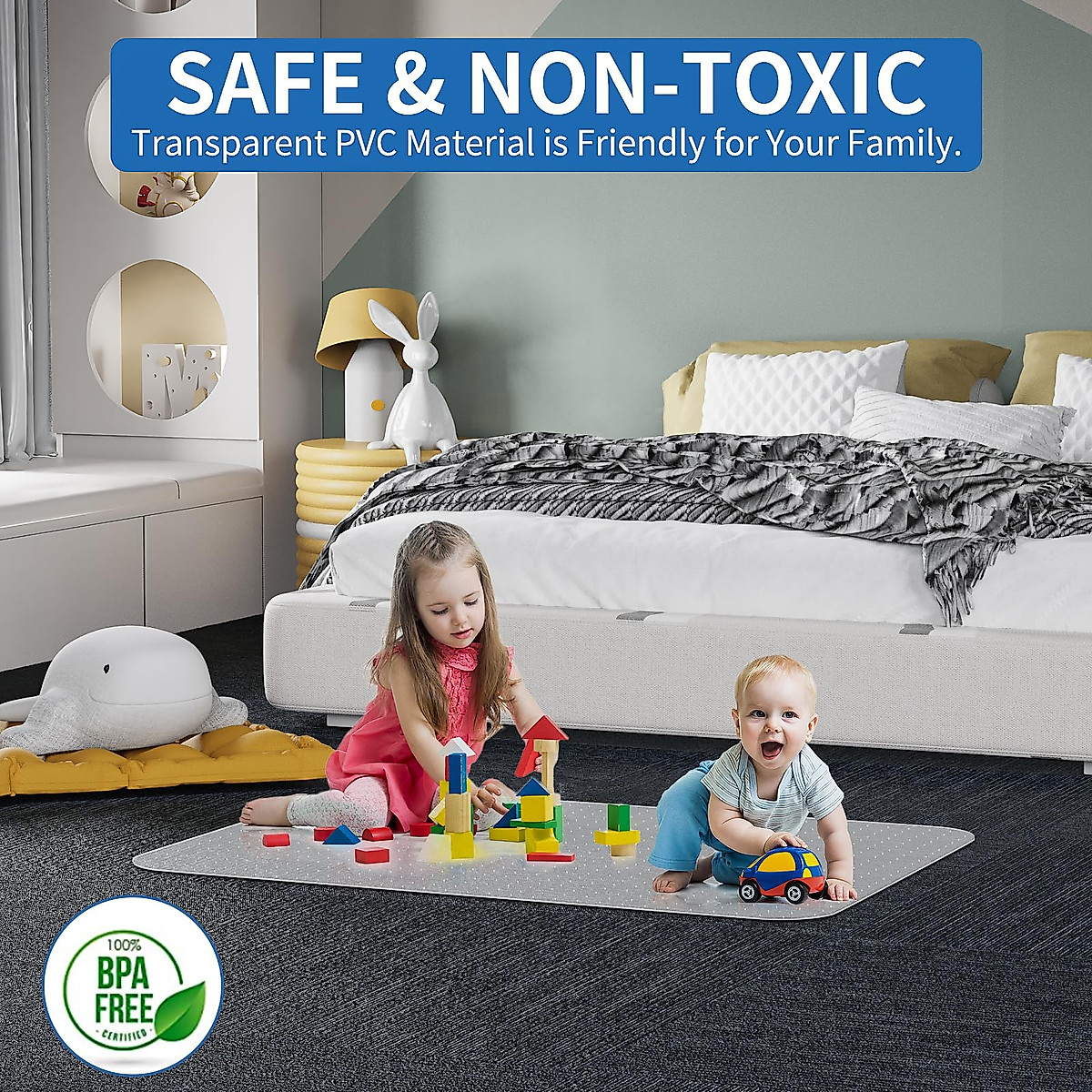 WASJOYE Office Chair Mat for Carpet Floor with Non-Slip Studded Lip, 36 x48 Inch Transparent Carpet Floor Protector Cover Rug Mat for Home Computer Desk Rolling Chair