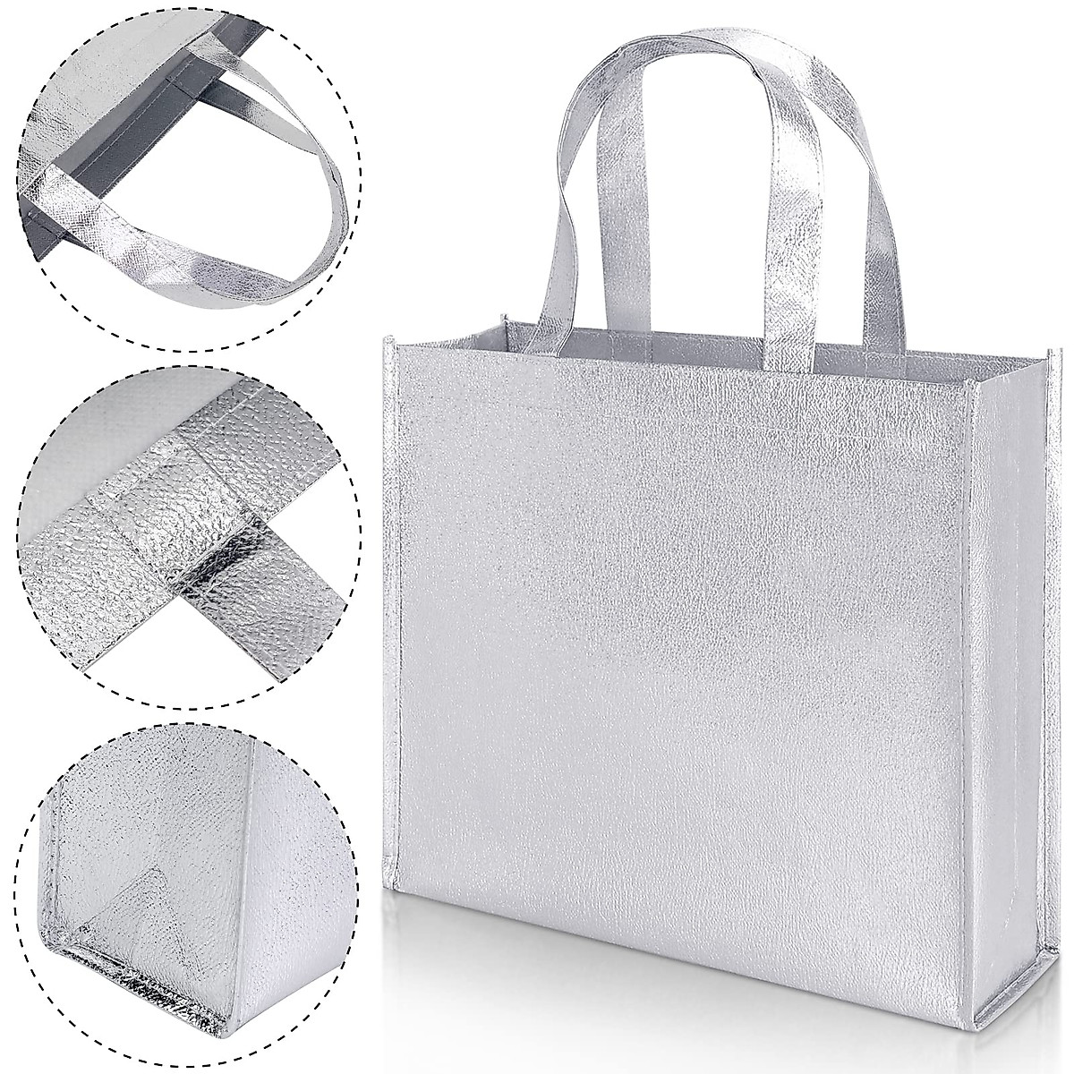 PHOGARY 12 Large Gift Bags with Handles (Silver), Stylish Tote Bags for Birthday Wedding Party Favor Christmas Wrap, Reusable Glossy Grocery Bags, non-woven fabric