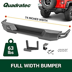 Quadratec QRC Rear Bumper - Fits Jeep Wrangler JL 2018-2022 - Spare Tire Clearance for 35" Tires - Mandrel Bent Corner Guards - Integrated License Plate Mount - Receiver Hitch Compatible 6 Gauge Steel