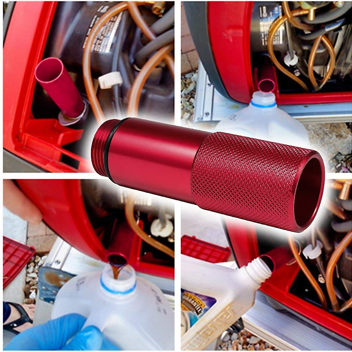 Aluminum Extended Run Gas Cap with Brass Hose Fitting, Mess Free Oil Change Funnel & Magnetic Oil Dipstick Fit for Honda Generator EU2200I (Red)