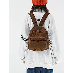 INFENU Cute Corduroy canvas backpack Japanese style bag Kawaii retro simple Solid color mini backpack (Brown)