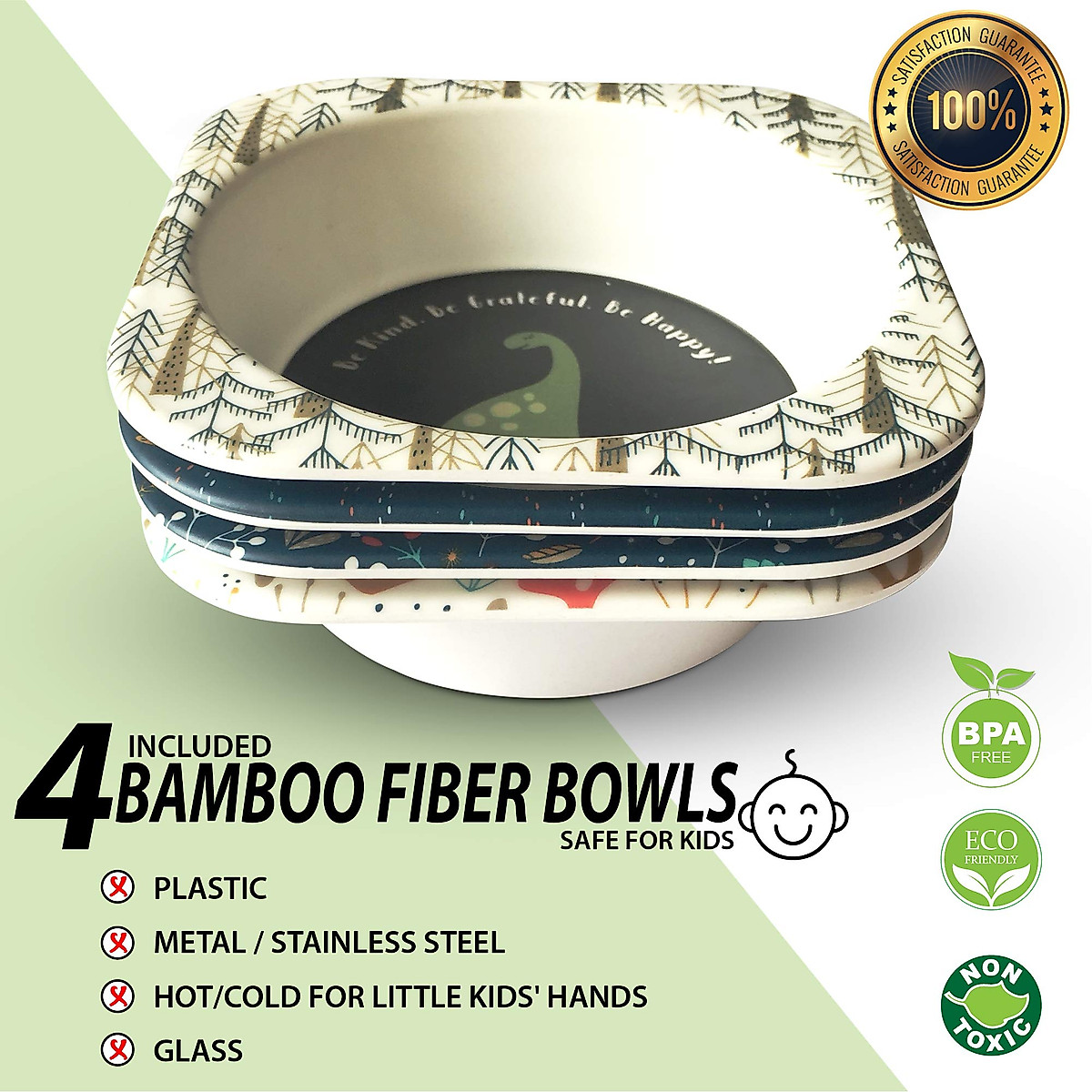 BeeBon Beauty Home Bamboo Bowls for Kids, Super Cute - Easy to Clean - Eco Friendly Kids Bowls, Non Toxic - BPA Free - Dishwasher Safe Bamboo Bowl, Perfect Size Toddler Bowls, 14 Oz, 4 Pack