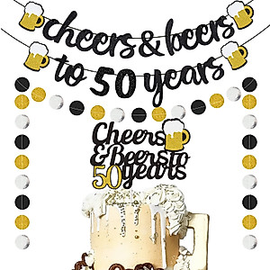 50th Birthday Decorations, 50 Years Anniversary Decorations for Men Women, Cheers to 50 Years Banner with 50 Years Old Cake Topper, Black Gold Glittery Circle Dots Garland for 50 Birthday Wedding