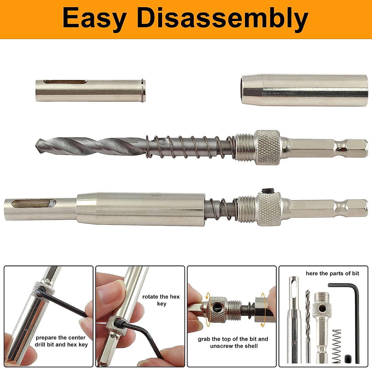 Lanzeuta 6pcs Self Centering Drill Bit Set with Automatic Center Punch & Hex Key, 1/4-Inch Hex Shank Hinge Center Drill Bit Core Hole Puncher for Woodworking, 5/64", 7/64", 9/64", 11/64"