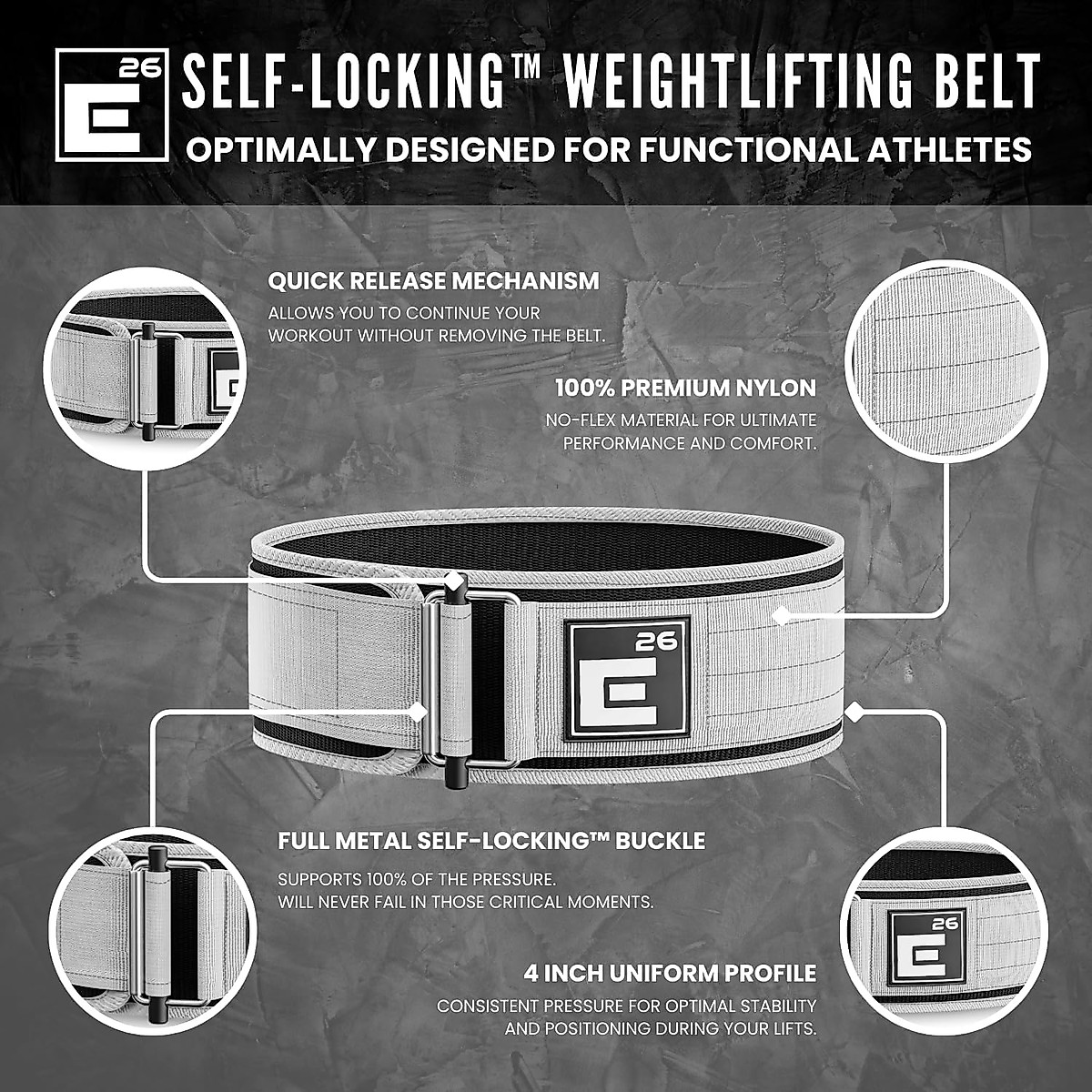 Self-Locking Weight Lifting Belt - Premium Weightlifting Belt for Serious Functional Fitness, Weight Lifting, and Olympic Lifting Athletes (Medium, White)