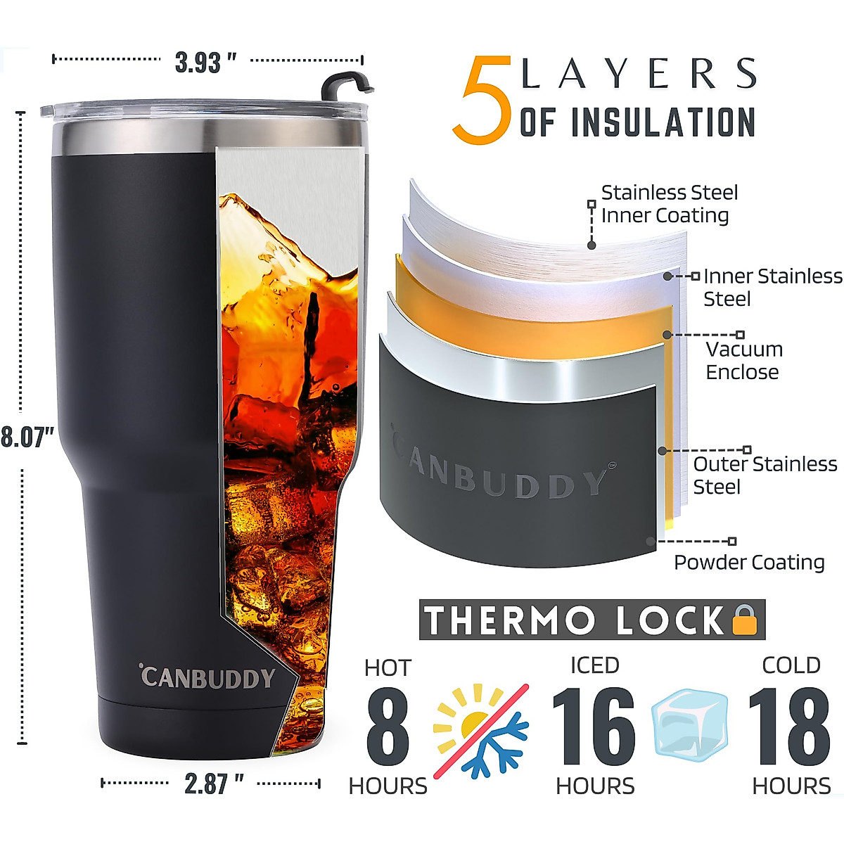 CANBUDDY 30 oz Stainless Steel Insulated Tumbler with 2 Lids, Straw, and Handle | Vacuum Thermal Hot & Cold Coffee Travel Mug | Leakproof and Stylish (Majestic Black)