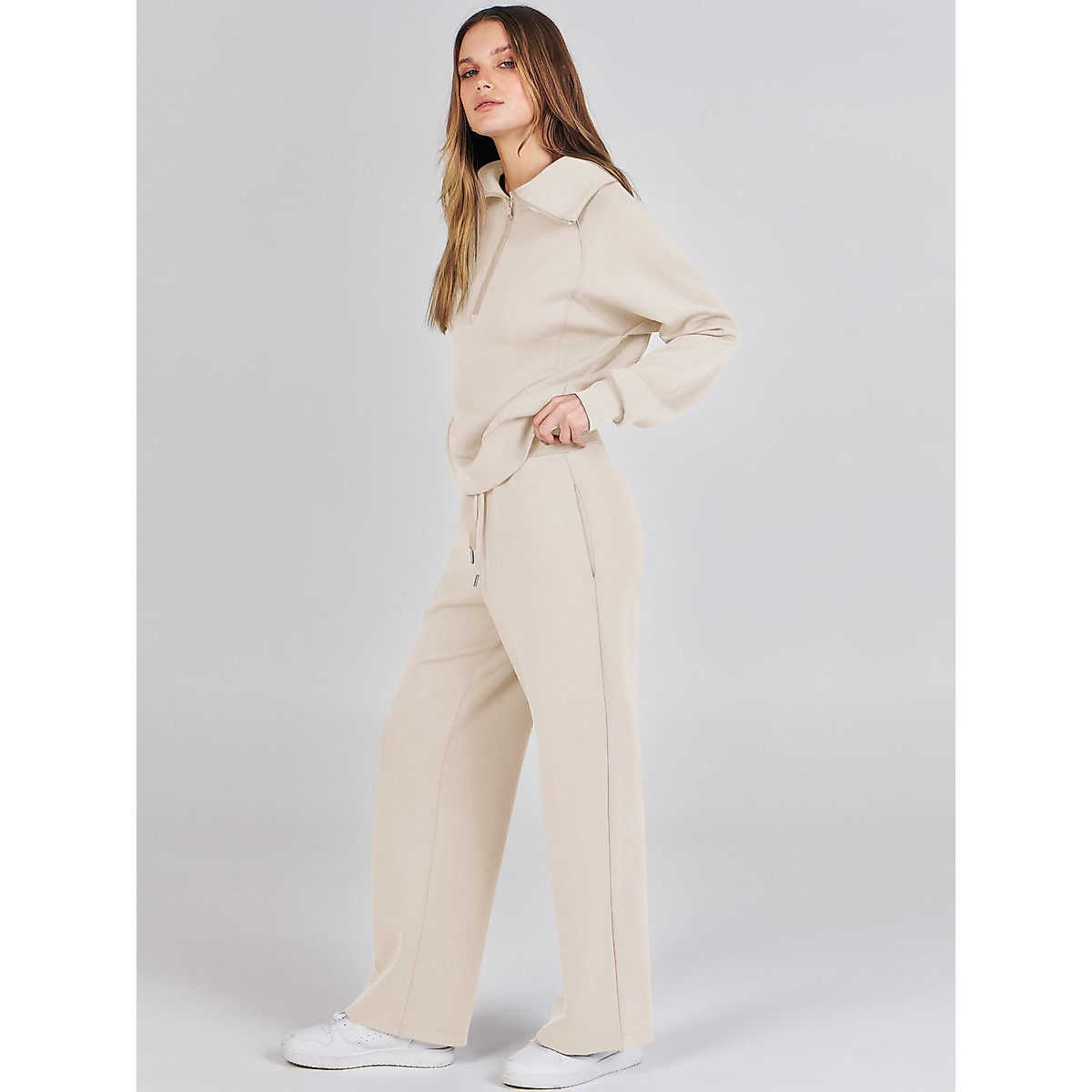 Prinbara Women 2 Piece Outfits Lounge Sets 2024 Winter Oversized Sweatshirt Wide Leg Pant Casual Matching Sweat Set Tracksuit Apricot Small