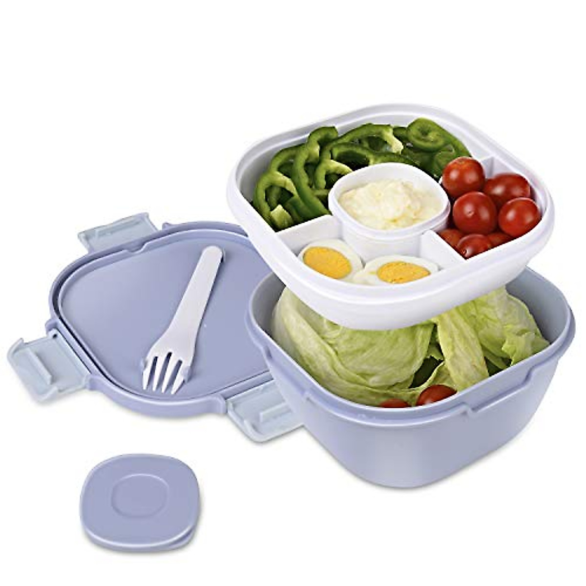 Upgraded Salad Bowl with Lid Leak-proof 57.5oz Stackable Salad Lunch Box with Larger Capacity Salad Mixing Bowl and 3-Compartment Bento-Style Topping Tray, Sauce Box,Cutlery, BPA FREE(powder blue)