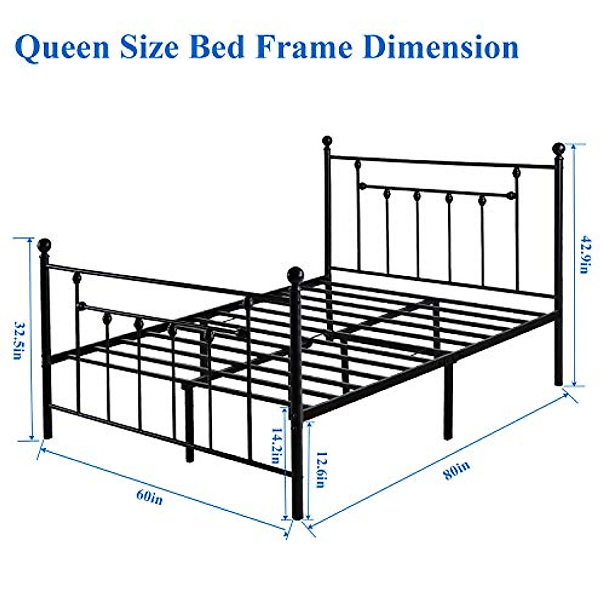 VECELO Queen Size Metal Platform Bed Frame with Headboard and Footboard, Heavy Duty Slat Support/No Box Spring Needed Mattress Foundation/Underbed Storage Space, Victorian Style, Black