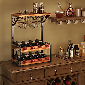 X-cosrack 2 Tier Solid Wood Wine Rack, Hold 8 Wine Bottles and 6 Glasses Countertop Wine Storage Stand, Freestanding Wine Holder Display Shelves for Kitchen, Pantry, Cellar, Bar