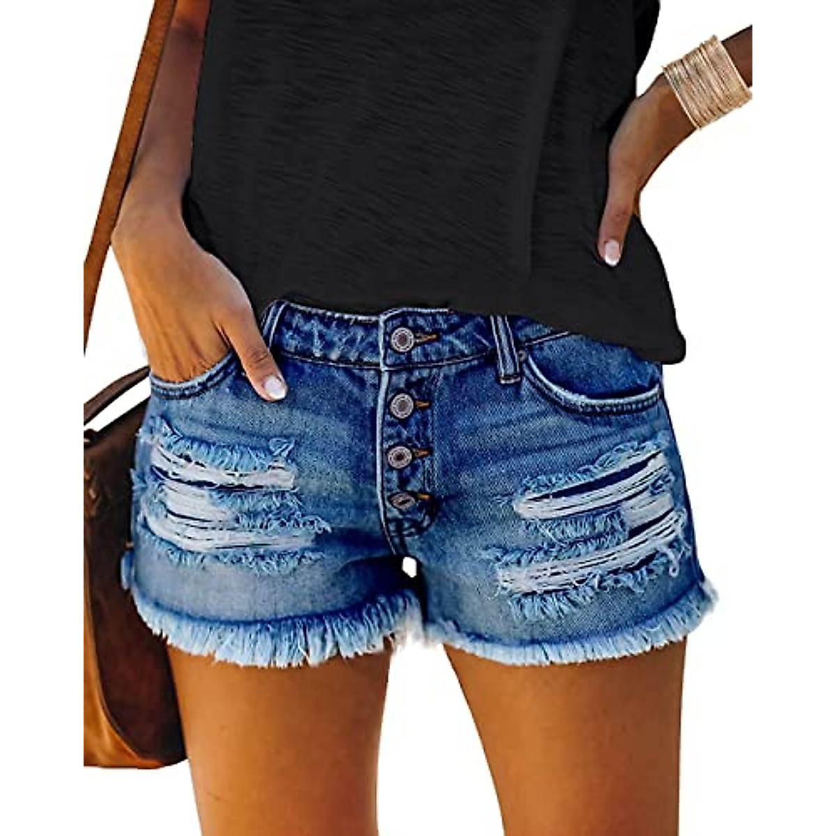 cordat Women Mid Rise Ripped Stretchy Jeans Shorts Frayed Raw Hem Casual Denim Shorts
