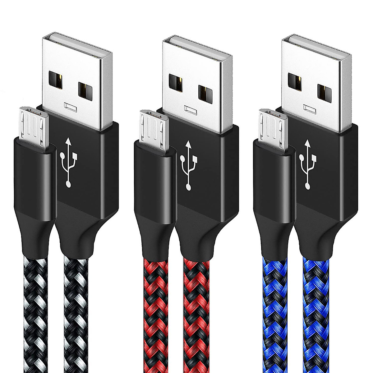 ZOMTOP[3 Pack 10FT PS4 Controller Charger Charging Cable Nylon Braided Micro USB High Speed Data Sync Cord Compatible with Playstation 4,PS4,Xbox One S/X Controller, Android Phones (White&Red&Blue)