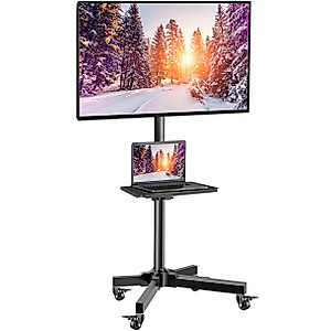 PERLESMITH Mobile TV Cart with Wheels for 23-60 Inch LCD LED OLED Flat Curved Screen Outdoor TVs Height Adjustable Shelf Floor Stand Holds up to 55lbs Monitor TV Holder with Tray Max VESA 400x400mm