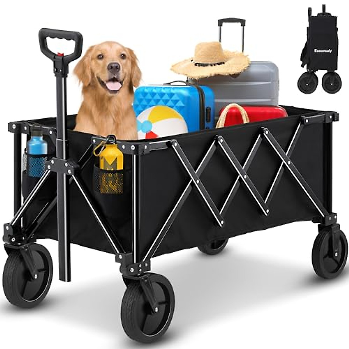 Eusuncaly Collapsible Wagon Cart Heavy Duty for Groceries, Folding Beach Wagon with All Terrain Wheels, Utility Large Capacity Wagon with 2 Drink Holders for Outdoor Camping Shopping Sports, Black
