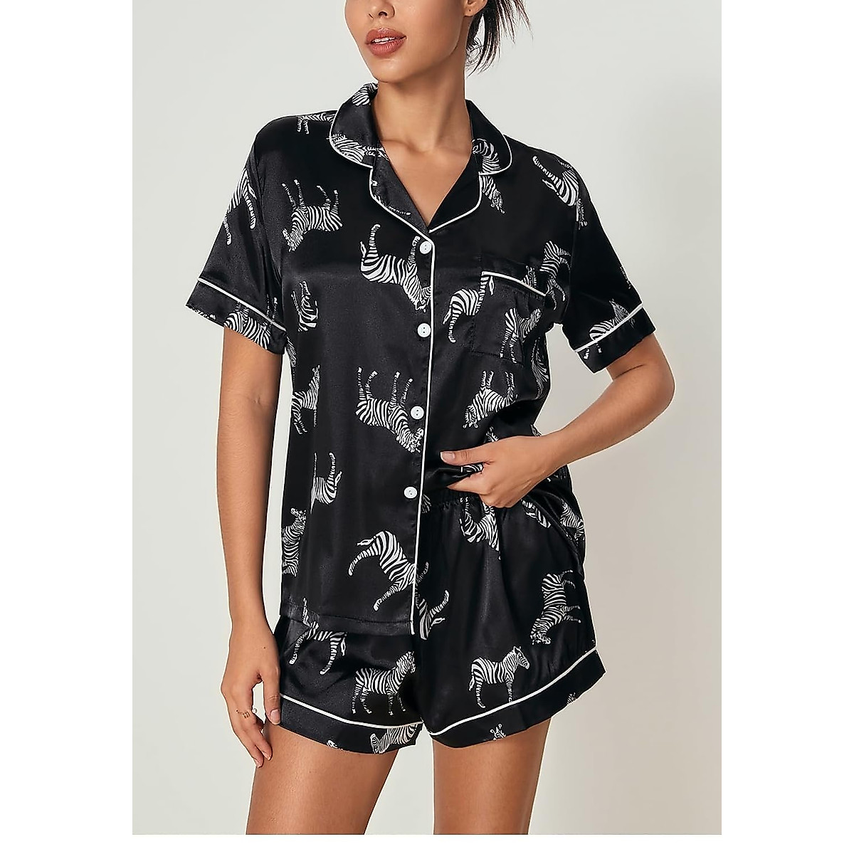 WDIRARA Women's Sleepwear Zebra Print Shirt and Shorts Cute Pajama Set Animal Black S