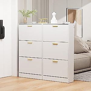 RESOM 3-Tier White Shoe Cabinet with Flip Drawers, Narrow Shoe Storage Rack, Modern Free Standing Tipping Bucket Shoe Organizer Cabinet for Entryway