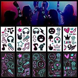Konsait Glow in The Dark Temporary Tattoos for Kids Adults,10 Sheet Neon Music Party Body Face Tattoos Waterproof Fake Tattoos Stickers for Boys Girls Women Birthday Gifts Glow Party Favor Supplies
