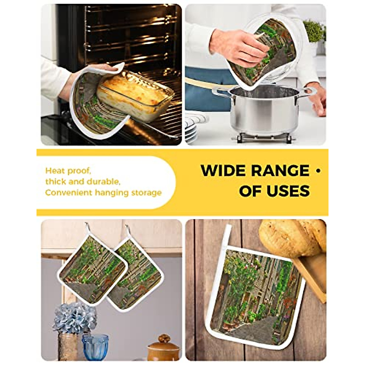 3Pack Pot Holders Cotton Oven Hot Pads, Italy Vintage Backyard Potholder Cloth Potholders for Daily Kitchen Baking Cooking with Hanging Loops - Charming Old Streets House Flower Garden Door