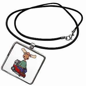 3dRose Necklace With Rectangle Pendant - Funny Cute Moose on Riding Lawn Mower Mowing Cartoon Sports and Hobbies