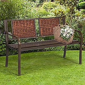 Tangkula Patio Garden Bench with Wicker Backrest, Outdoor Park Bench Chair with Powder Coated Steel Frame, Bench Loveseat for Outdoor Garden, Backyard, Lawn, Porch, Path, Deck
