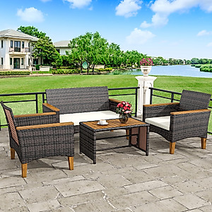 YITAHOME Wooden Armrest 4-Piece Patio Furniture Set, All-Weather Outdoor Furniture Rattan Wicker Conversation Set with Wooden Side Table, Wooden Armrests &Feet and Soft Cushions, Brown+Beige