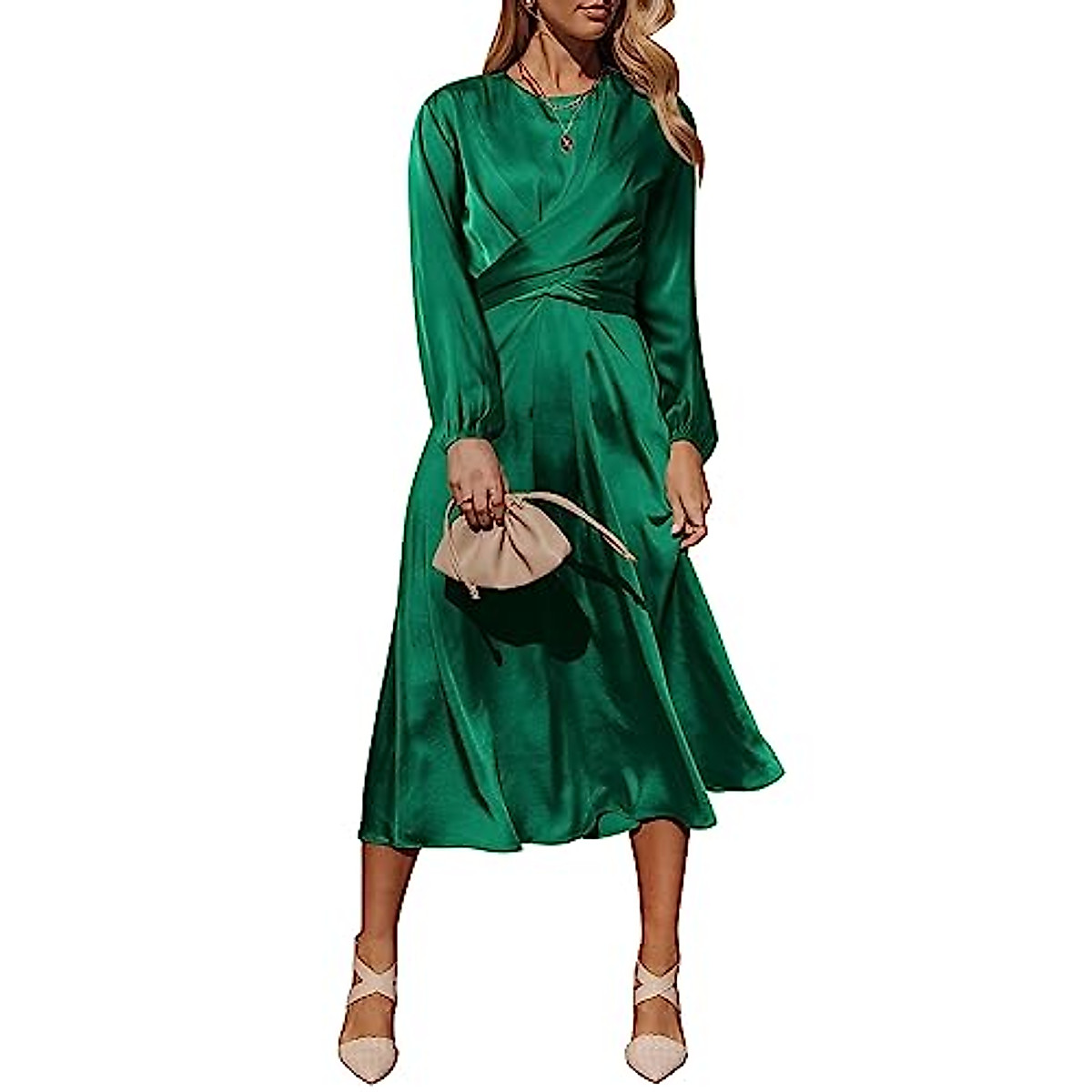 PRETTYGARDEN Women's Fall Fashion 2023 Long Sleeve Satin Dress Tie Back Casual Flowy Midi Dresses (Dark Green,Medium)