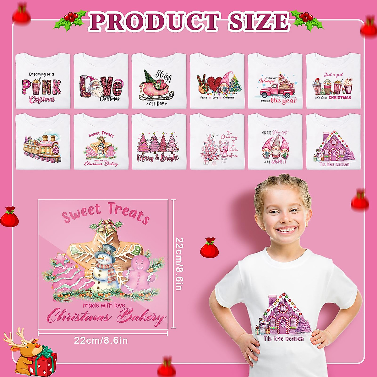 Fumete 12 Sheets Christmas Iron on Transfers for T Shirts Pink Iron on Decals Elk Snowman Tree Pattern Applique Stickers Christmas Heat Transfer Paper Stickers for DIY Xmas Clothing